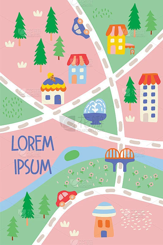 可爱的城市地图图案，儿童壁纸，幼儿园插图，家乡背景，房子和树的景观，城市地图收藏。素材-花瓣网