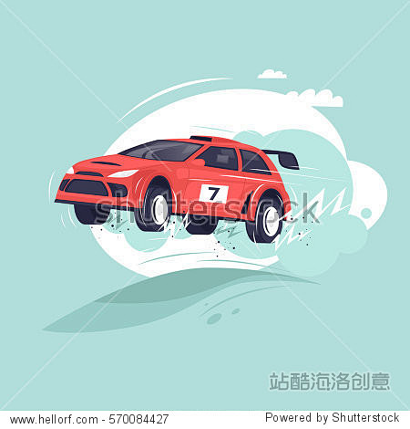 Rally car jumping. Flat vector illustration in cartoon style.