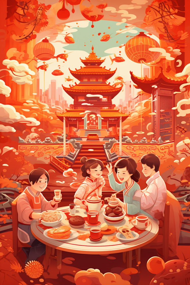 中式风格龙年除夕夜年夜饭插画