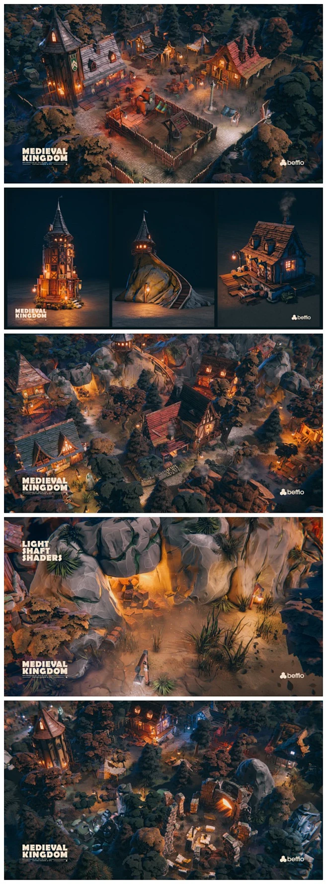 Unity3d场景 中世纪王国3D模型 卡通Q版城镇建筑植物山石花草树木道具物件3D模型 FBX模型 CG原画参考设定-花瓣网