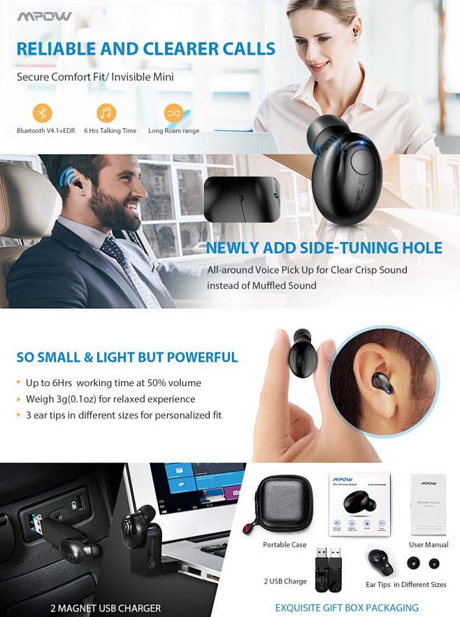 Amazon.com: Mpow Single Wireless Earbud, V4.1 Mini Bluetooth Earbud, 6-Hr Playing Time Car ...