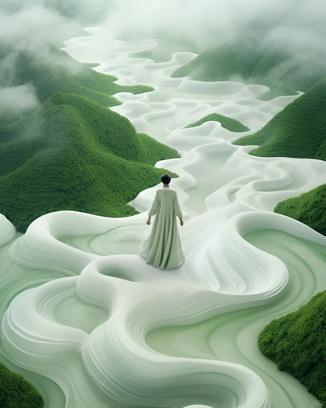 Photorealistic photography Surrealism, white and green style, ethereal ...