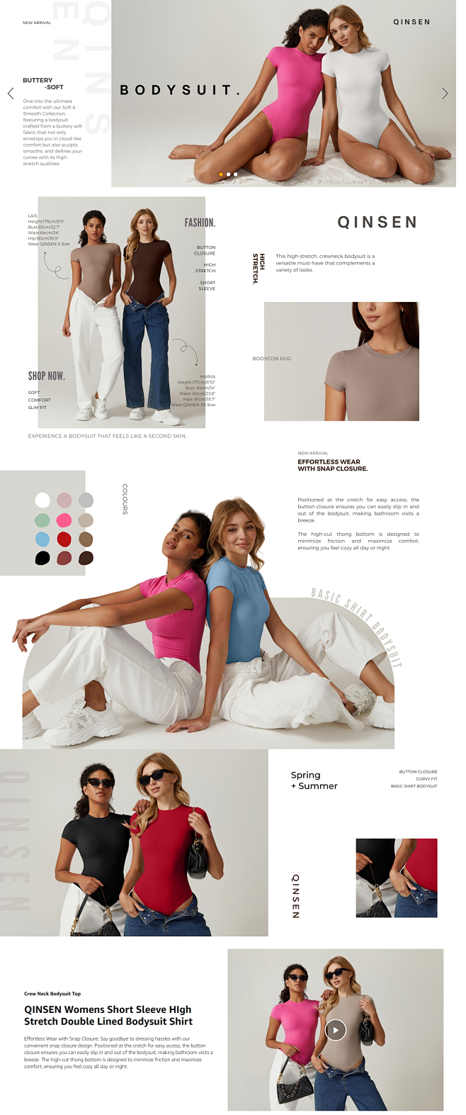 QINSEN Womens Short Sleeve High Stretch Bodysuit for Summer Slimming ...