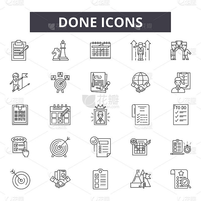Done line icons, signs set, vector. Done outline c