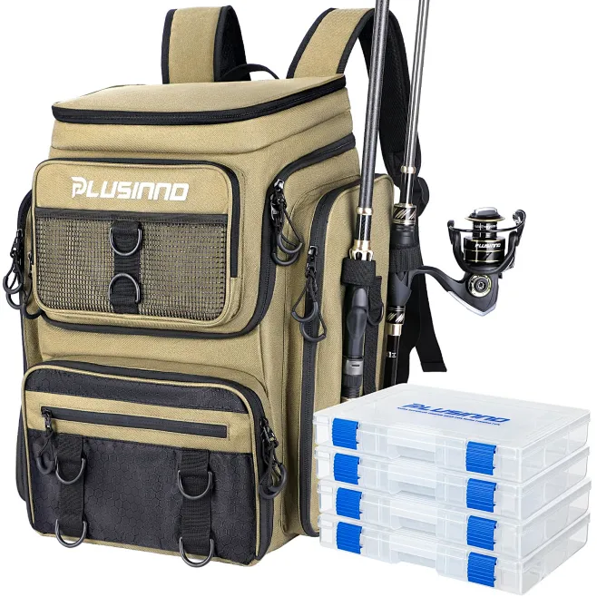 PLUSINNO Fishing Backpack with Rod Holders, 42L Water-resistant Fishing ...