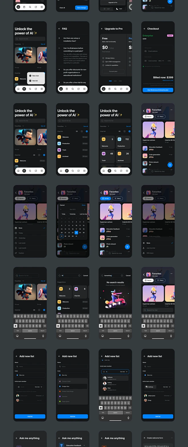 A01 双配色Ai人工智能ChatGPT聊天机器人社交App应用ui界面设计Fig设计套件Brainwave – AI iOS UI Kit-花瓣网