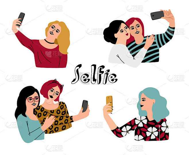 Cartoon selfie set. Young happy female characters