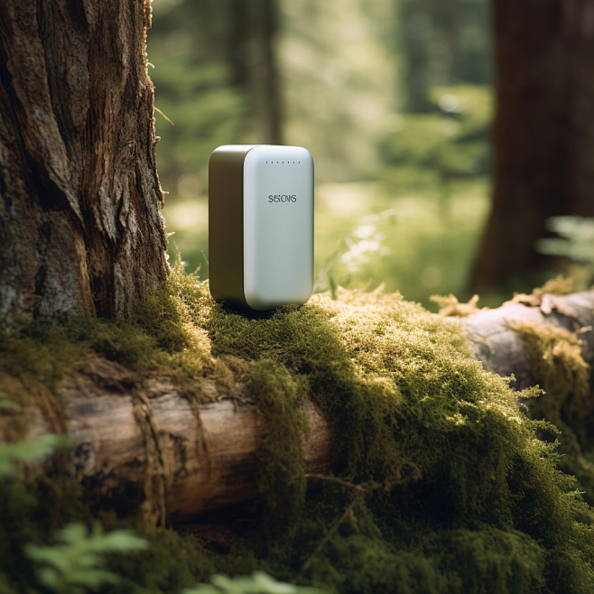 a sonos speaker sits on a tree trunk in the forest--aspect 2:3