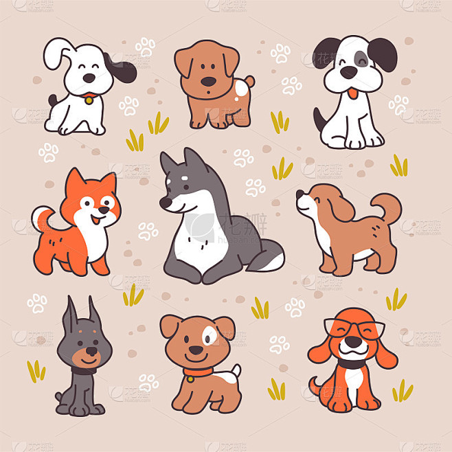 收集可爱有趣的狗字符不同的品种行走孤立的白色背景。