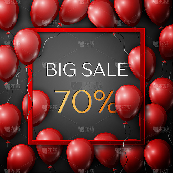 Realistic red balloons with text Big Sale 70 perce