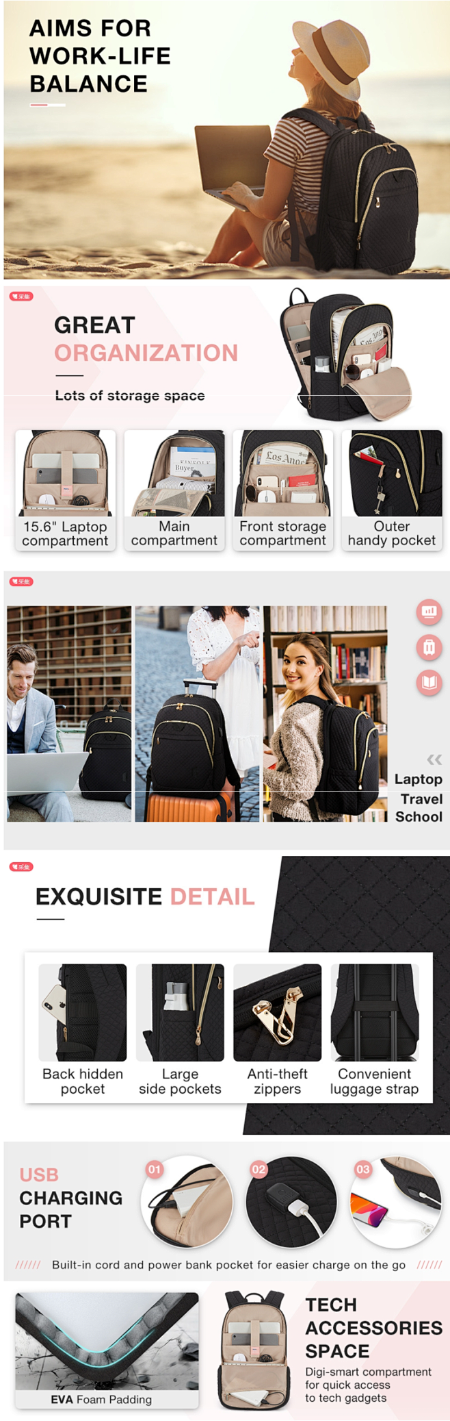 Amazon.com: BAGSMART Travel Laptop Backpack Women, 15.6 Inch Anti Theft ...