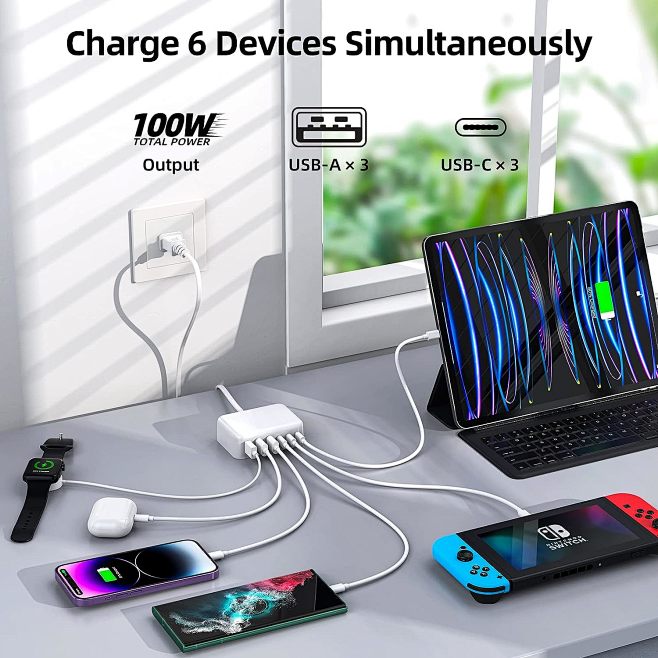 Amazon.com: USB C 充电器块,100W GaN 6 端口 PD USB C 和 QC USB A 壁式充电器适配器插头立方体,超快 C 型充电站集线器适用于 iPhone 15 ...