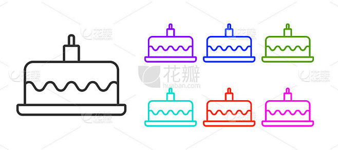 Black line Cake with burning candles icon isolated