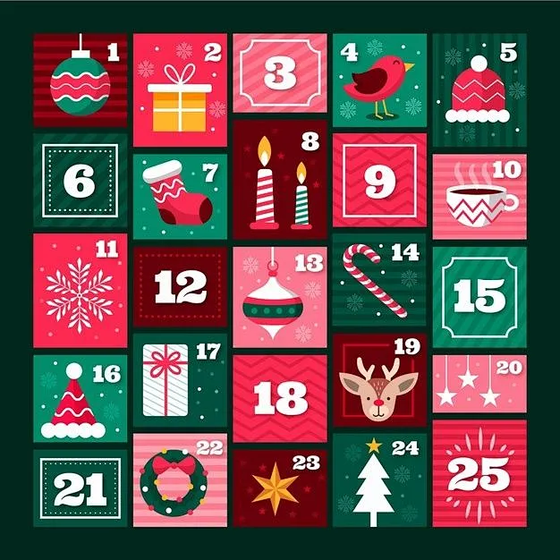a christmas themed calendar with numbers and symbols in red, green, and ...