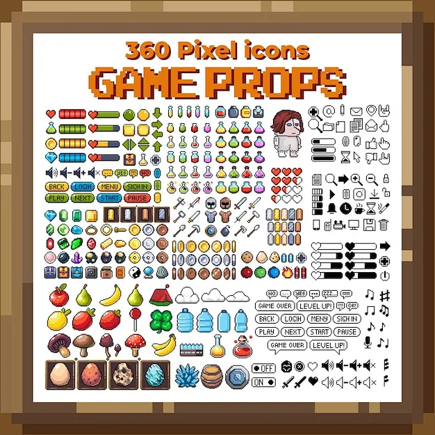 Set of 8bit pixel graphics icons Isolated vector illustration Game art ...
