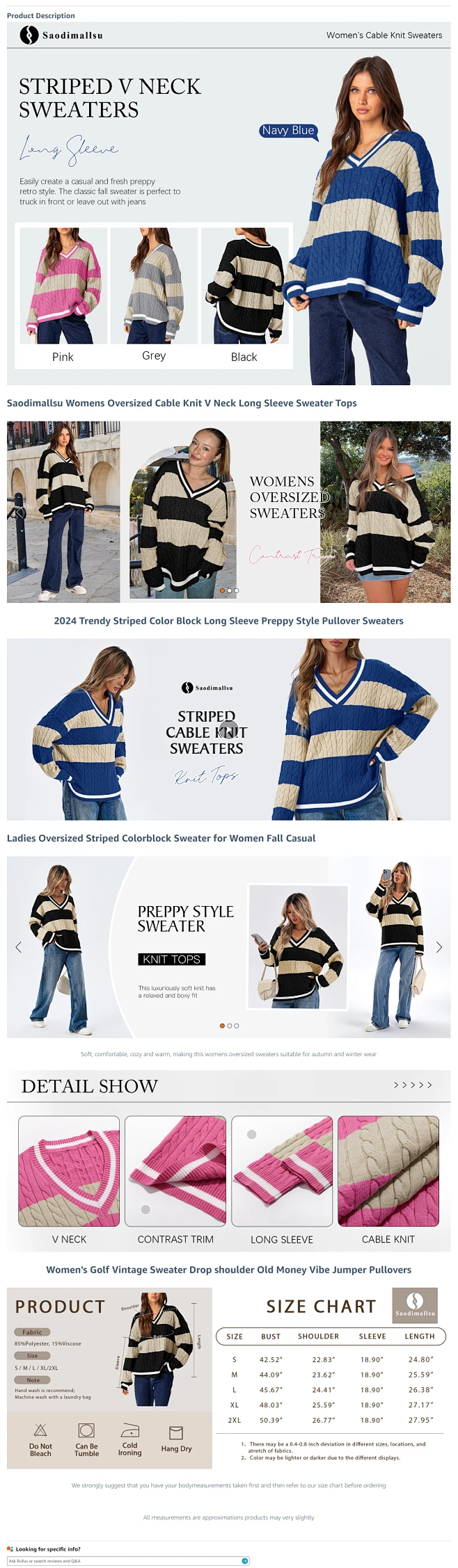 Saodimallsu Womens Oversized Cable Knit Sweaters V Neck Striped Color ...