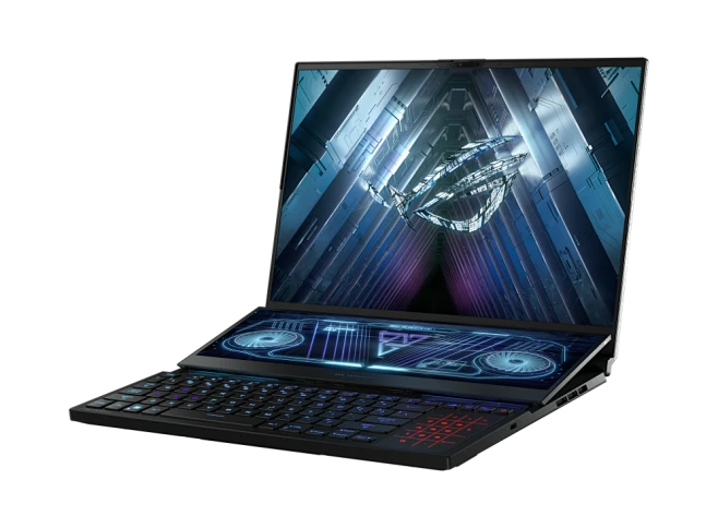 Off center front view of the Zephyrus Duo 16, with ROG logo on screen ...