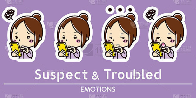 Smartphone and Woman emotion set . Suspect and Tro