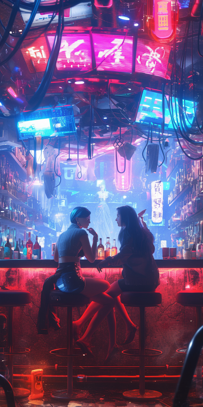 seven77e6828_Cyberpunk_bar_two_women_drinking_close-up_emoji_Cy ...