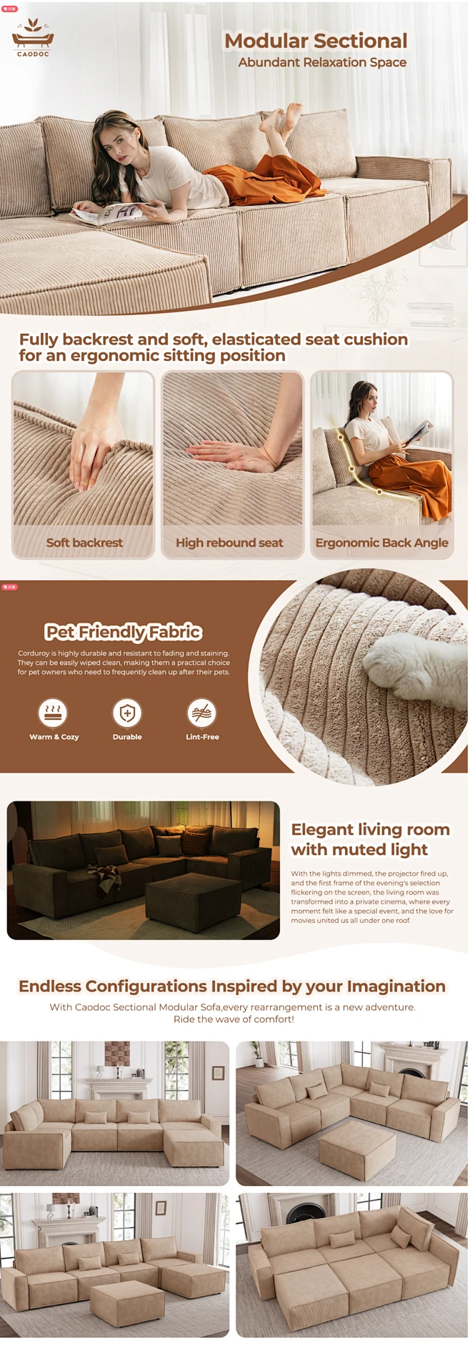 Amazon.com: CAODOC Luxuly Modular Sectional Corduroy Sofa Set, U Shaped Couch Reversible Chaise ...