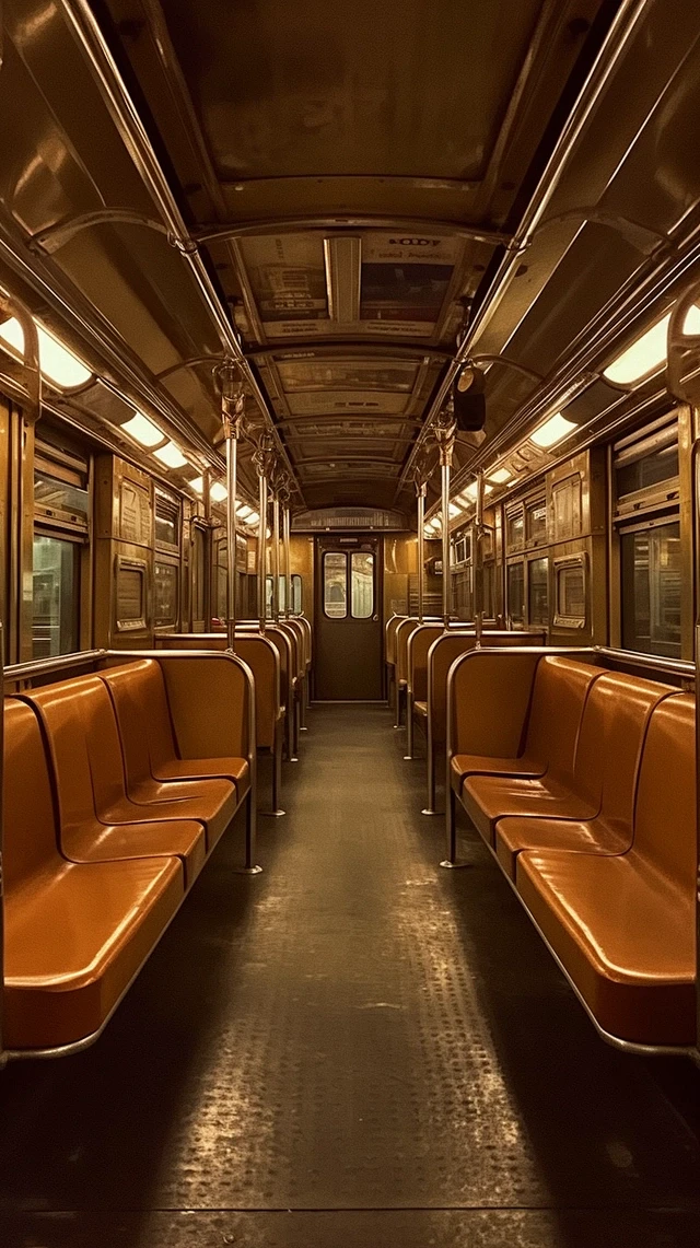 a subway car filled with lots of wooden benches, mirrored, of mad men ...