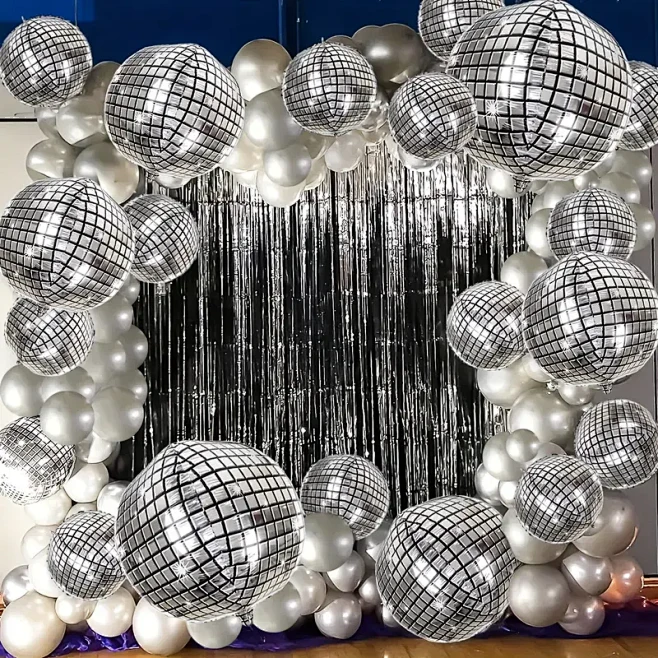4d Metal Silvery Disco Themed Balloons For Birthday Party Backdrop ...