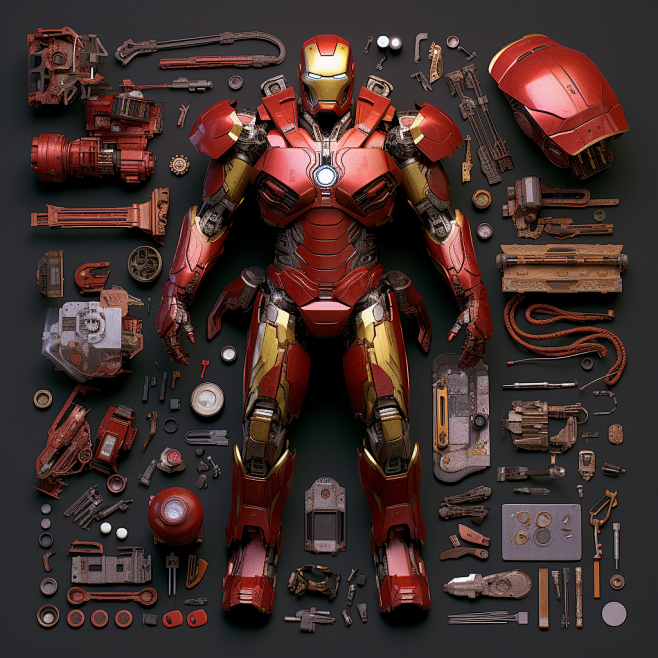 TiboseKing_Iron_Man_parts_scattered_flat_on_a_table_explosive_p ...