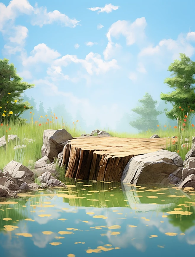 a landscape scene with a stone log in the water, in the style of ...