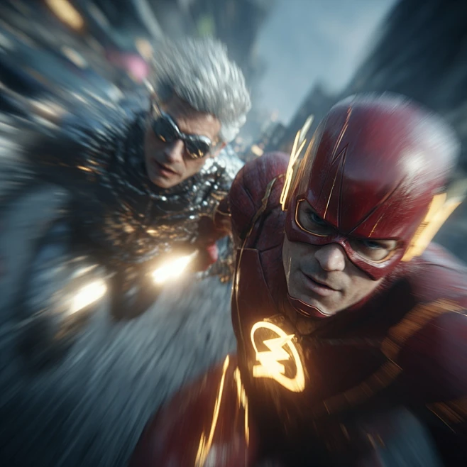 cinematic shot of DC Flash with yellow lightning, running with Marvel ...