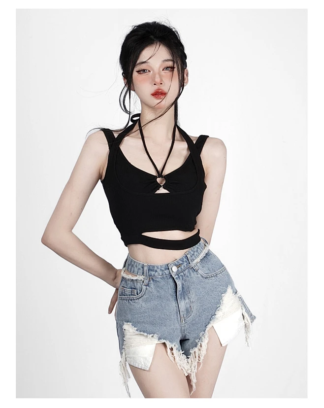 少也眼角色练习 显白绿色小众设计ins穿搭绑带挂脖吊带上衣2022-tmall.com天猫-花瓣网