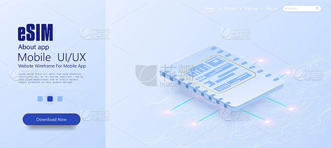eSIM卡芯片标志。嵌入式SIM的概念。新的移动通信技术和处理器背景电路板矢量插图素材-花瓣网