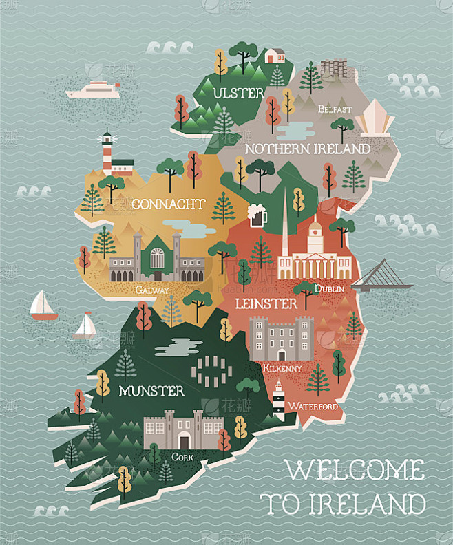 带有地标和城市的爱尔兰旅游地图