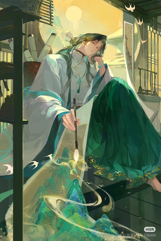 古风 男 毛笔 画卷 坐姿 仰视 古风场景 古风建筑 色彩 衣褶-花瓣网