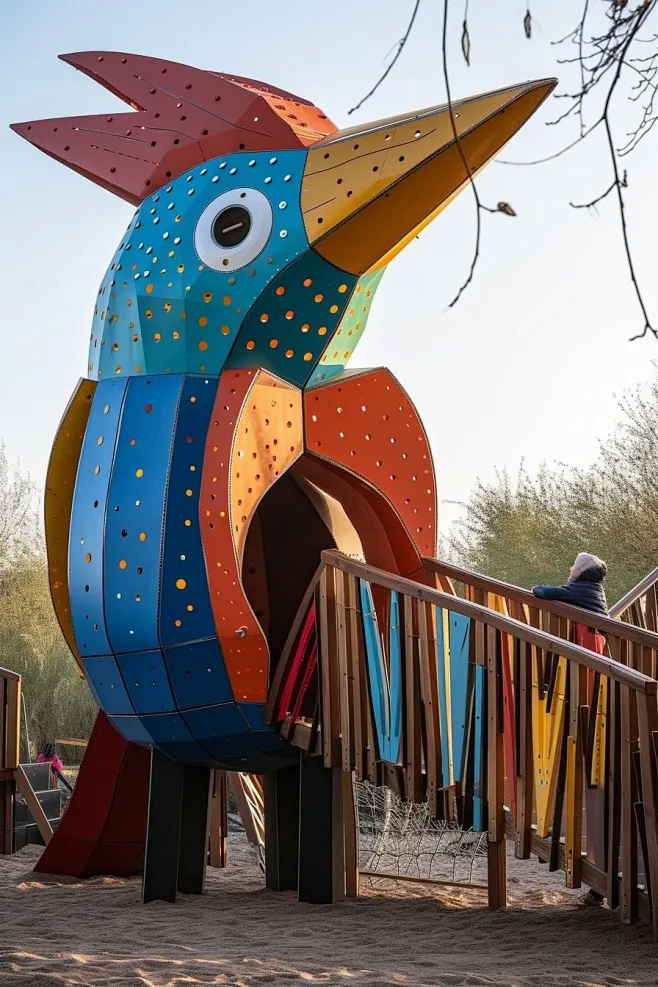 Whimsical play area featuring a colossal bird structure, playful and ...