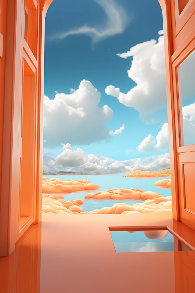 an orange room has two windows that open up into a scene, in the style ...