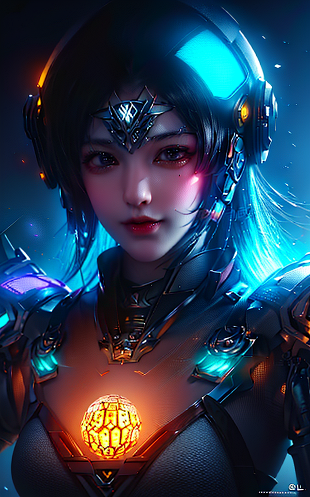 杰作，最佳质量，插图，精细细节））），（非常详细的CG Unity 8k壁纸，高分辨率）），（美丽详细的脸部，眼睛和头发：1.1），惊人，杰作，1女孩，机甲musum，机械手臂，头饰，紧身衣 ...