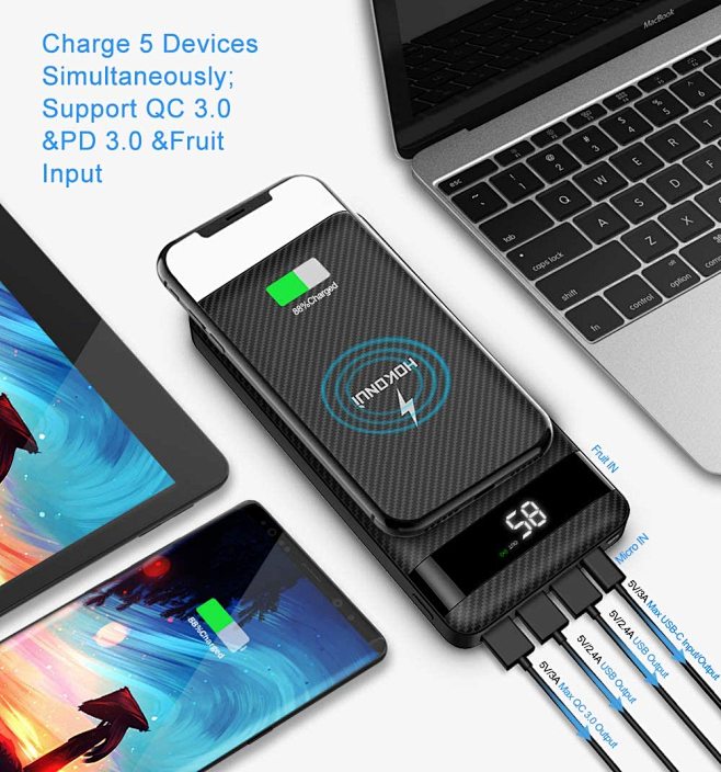 Amazon.com: HOKONUI Wireless Portable Chargers, 10W Qi Fast Charge 20000 mAh Power Bank 5 Output ...
