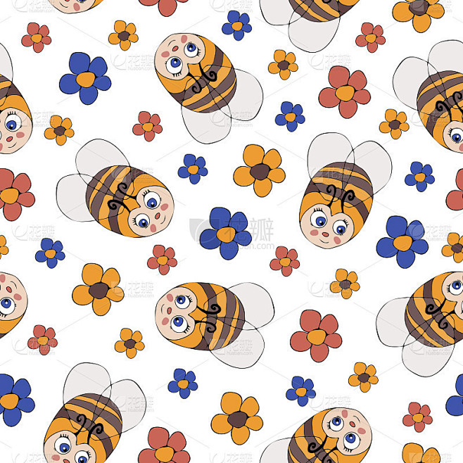 Cute baby bee seamless vector pattern with flowers