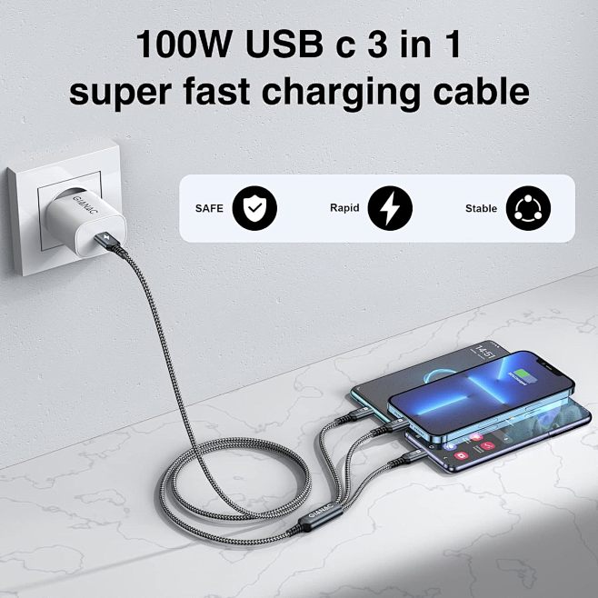Amazon.com: GIANAC 100W USB C Multi Charging Cable [1.2M] 3 in 1 Charging Cable with E-Mark Chip ...