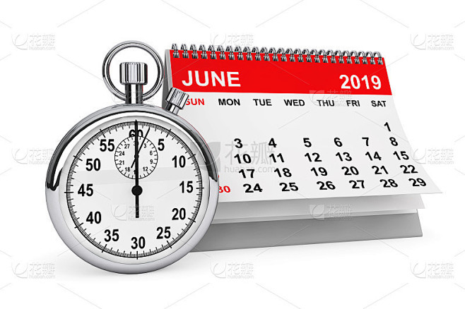2019年6月日历与秒表。三维渲染
