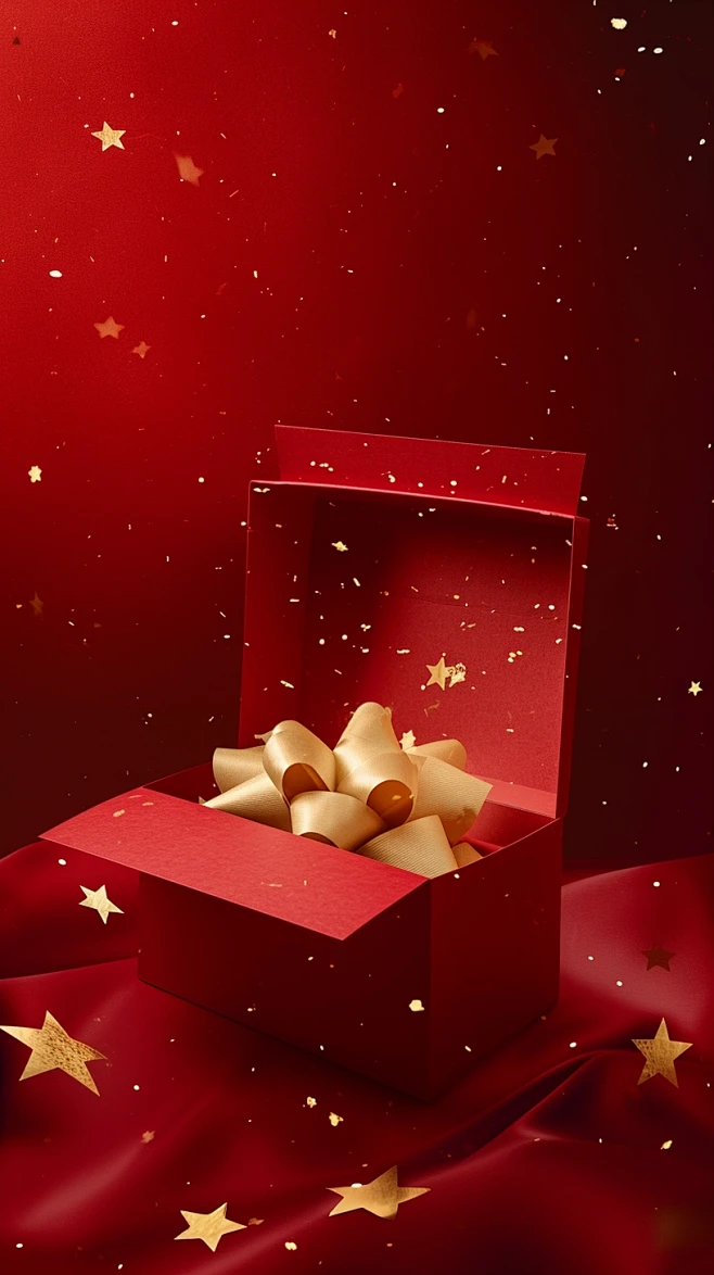 Open christmas gift box with golden ribbon and stars, in the style of ...