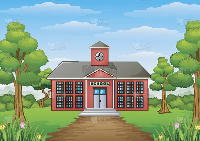 卡通学校建筑与绿色的庭院
