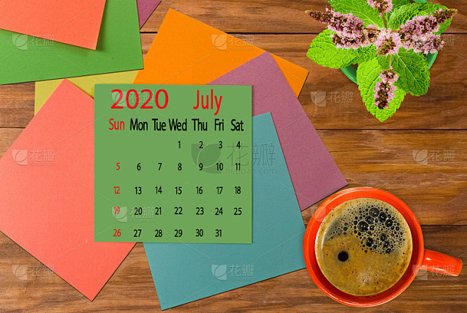 2020年7月的日历图像。
