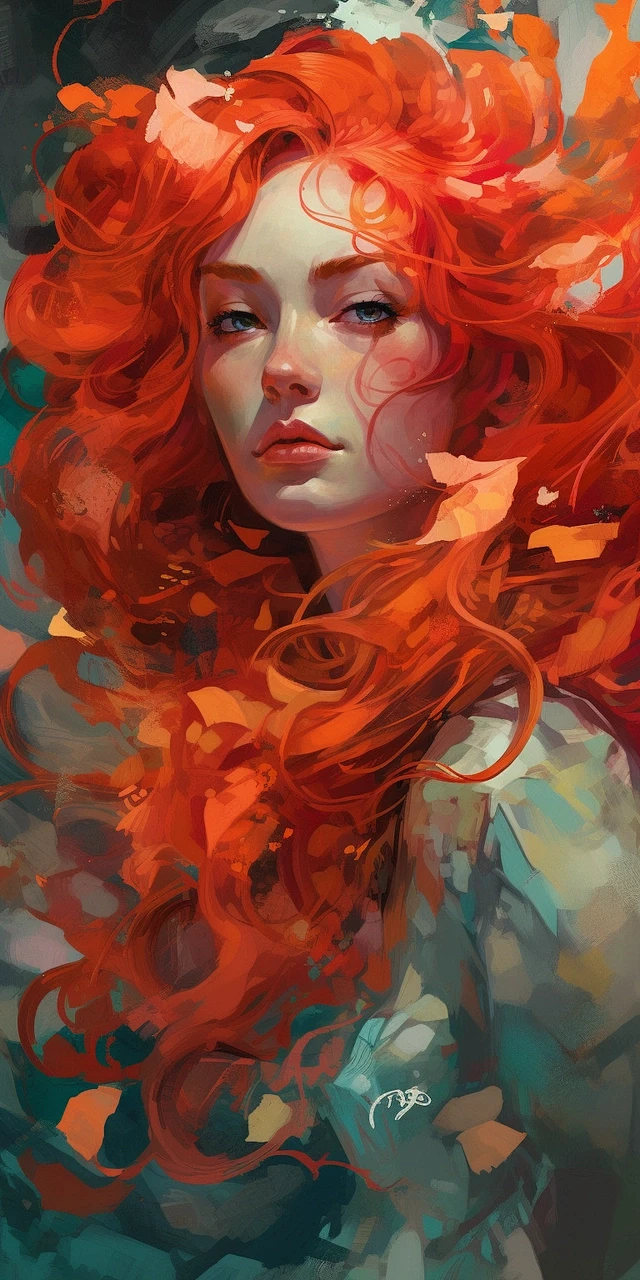 young woman, floating, long red wavy hair, in the style of fantasy ...