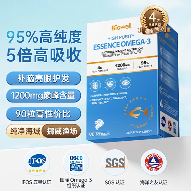 biowell进口深海鱼油95%高纯度天然omega3软胶囊欧米茄90粒2-花瓣网