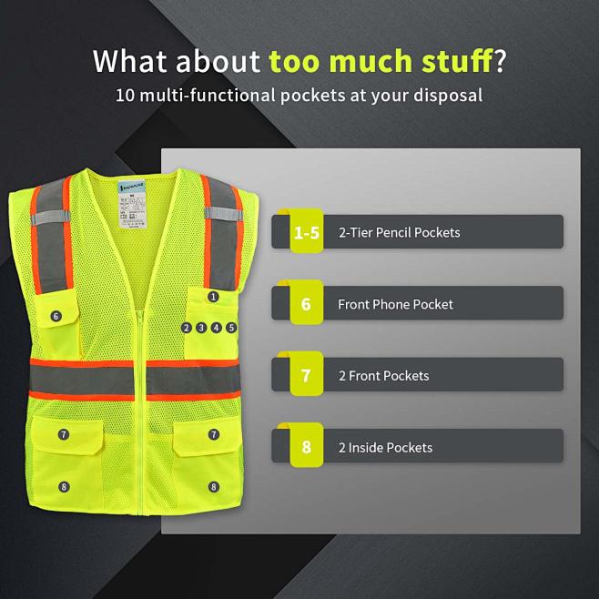 SHORFUNE High Visibility Breathable Mesh Safety Vest with 10 Pockets ...