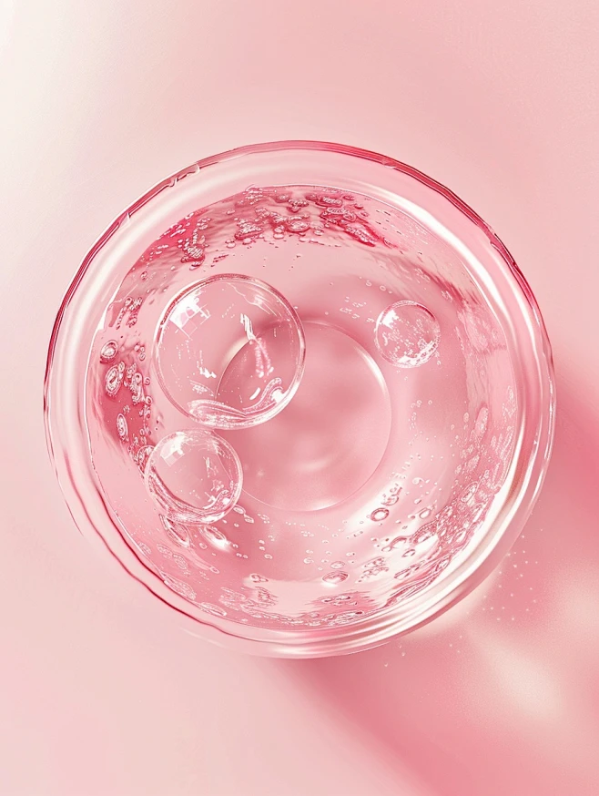 A pink circular transparent glass texture, filled with water and two ...