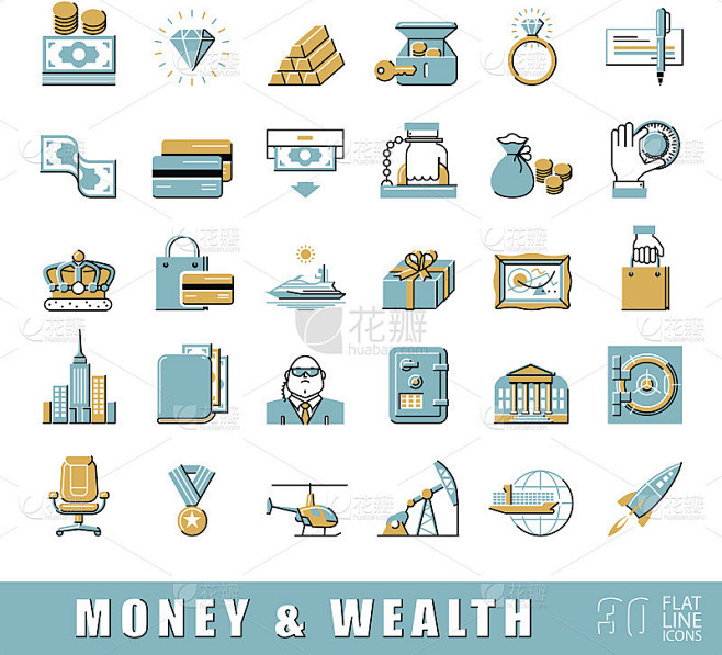 一套优质的平线金钱和财富的图标。