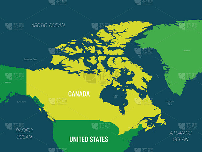 加拿大地图-绿色色调在黑暗的背景。高详细的政治地图加拿大和邻国与国家，首都，海洋和海洋名称标签