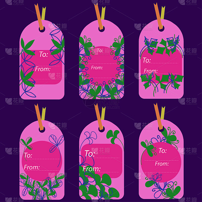 Pink labels with abstract plants of blue and green